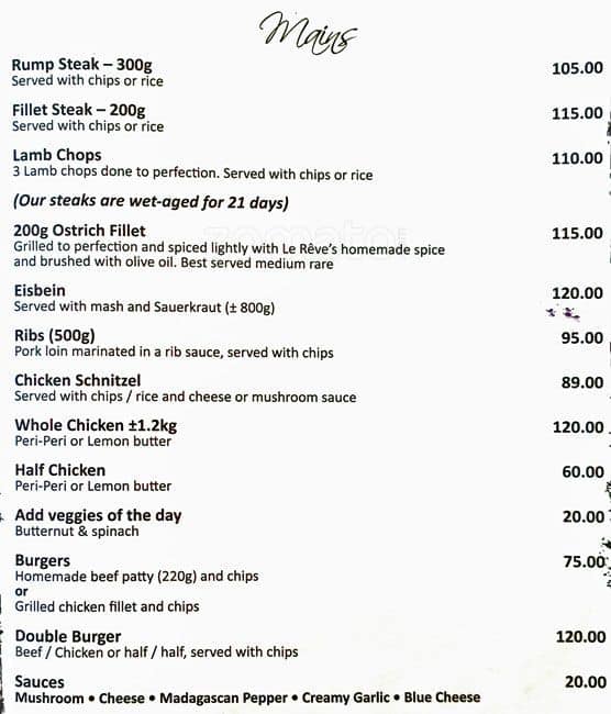 Carta de Le Reve Restaurant, Kleinmond