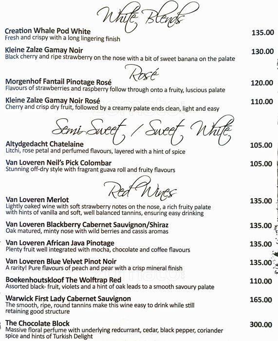Menu au Le Reve Restaurant, Kleinmond