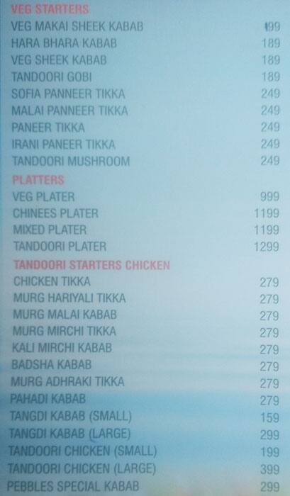 Menu at Pebbles, Hyderabad, Bairamalguda