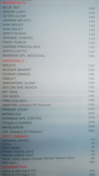 Menu at Pebbles, Hyderabad, Bairamalguda