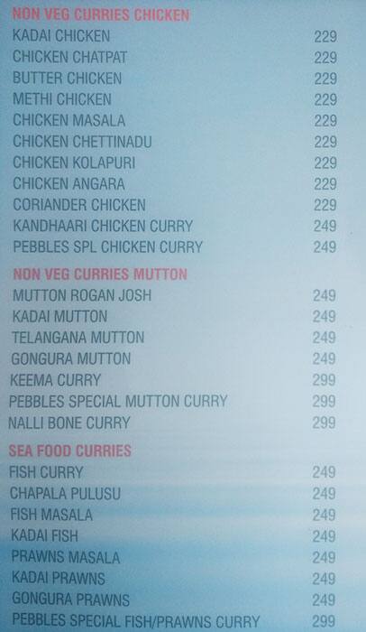 Menu at Pebbles, Hyderabad, Bairamalguda