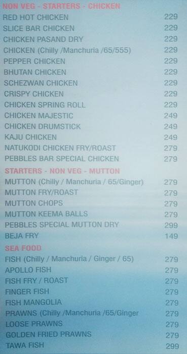 Menu at Pebbles, Hyderabad, Bairamalguda