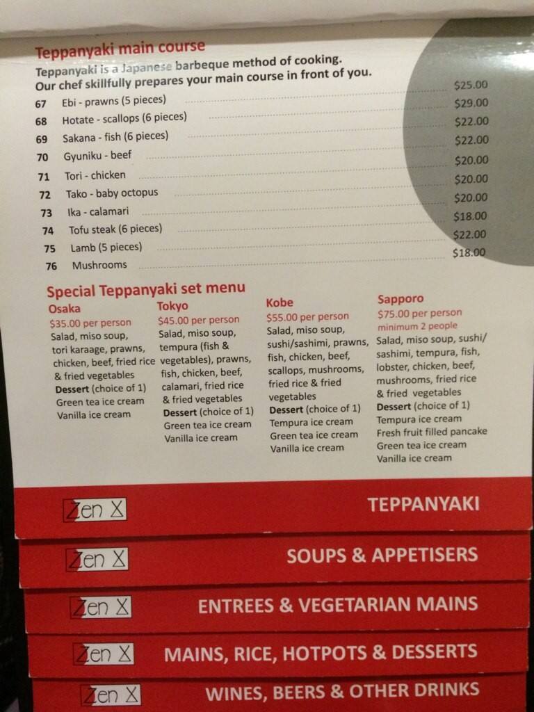 Menu at Zen X restaurant, Shepparton