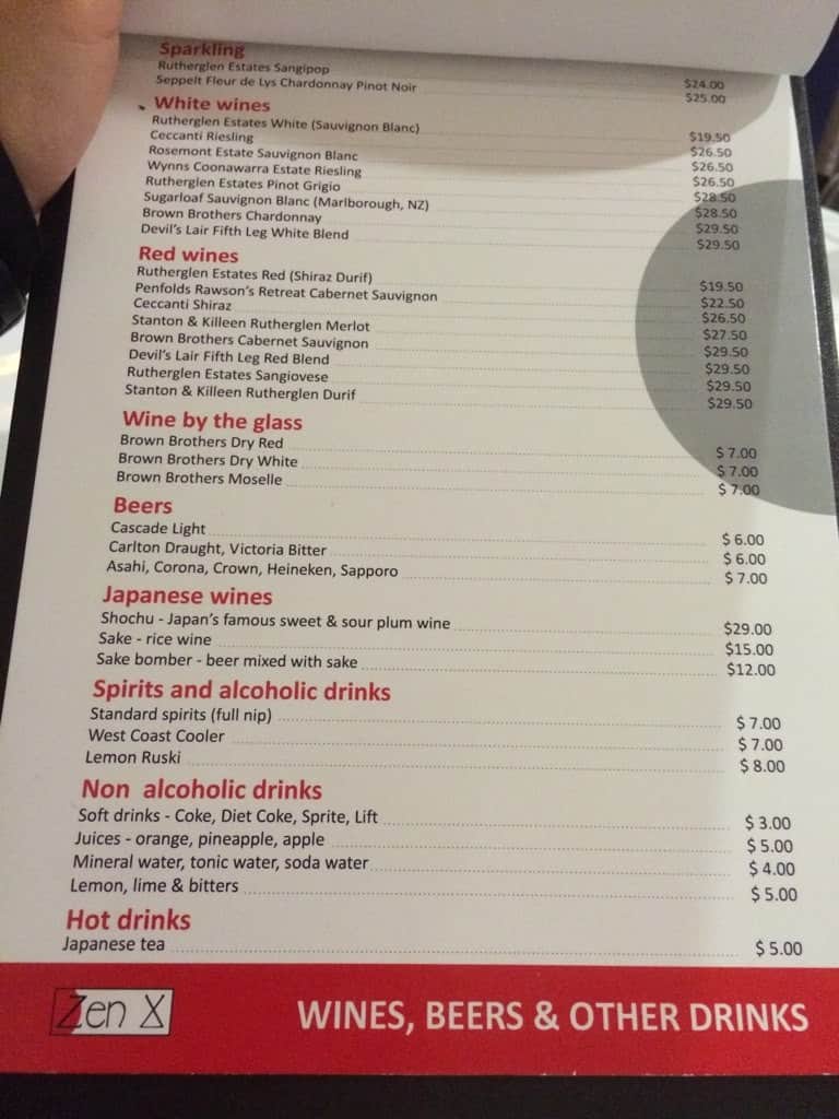 Menu at Zen X restaurant, Shepparton