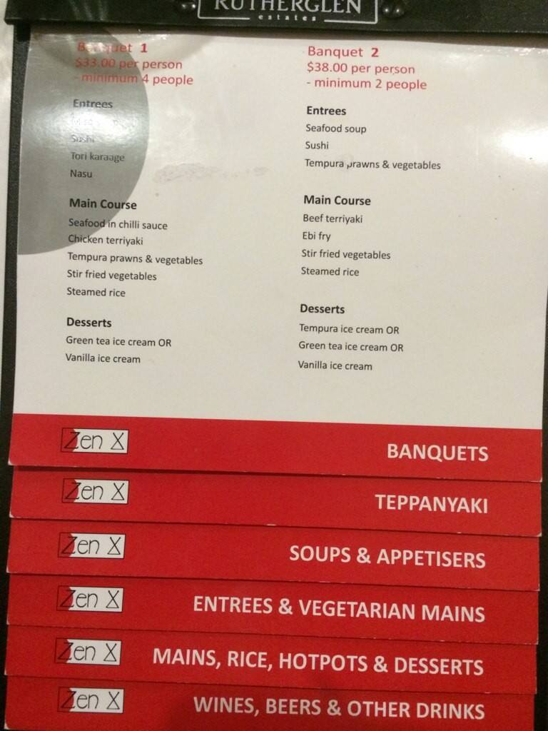 Menu at Zen X restaurant, Shepparton