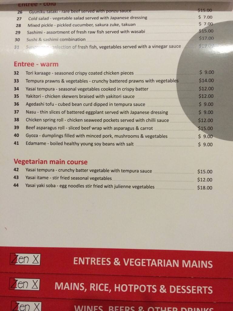 Menu at Zen X restaurant, Shepparton