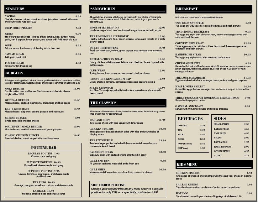 Menu at The Roadhouse, Dawson Creek