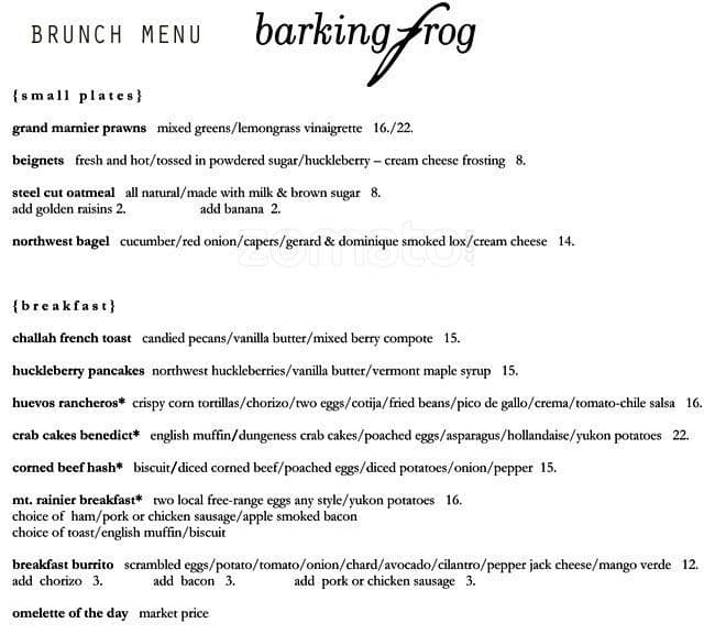 Menu at Barking Frog, Woodinville