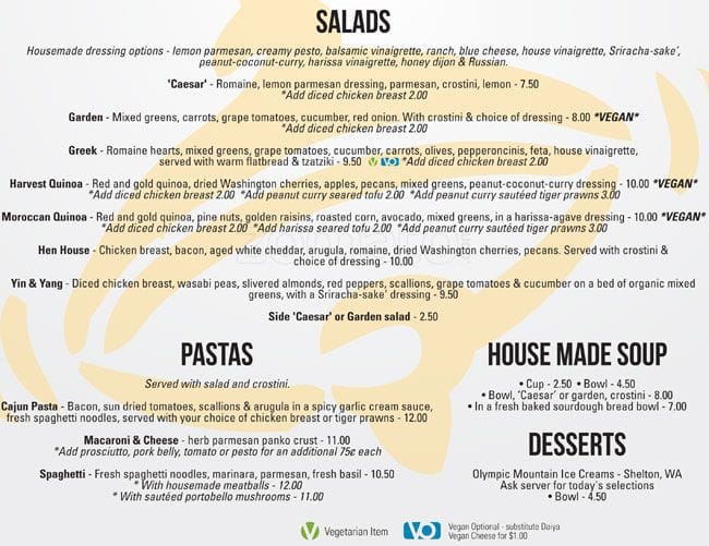 Menu at Top of Tacoma pub & bar, Tacoma