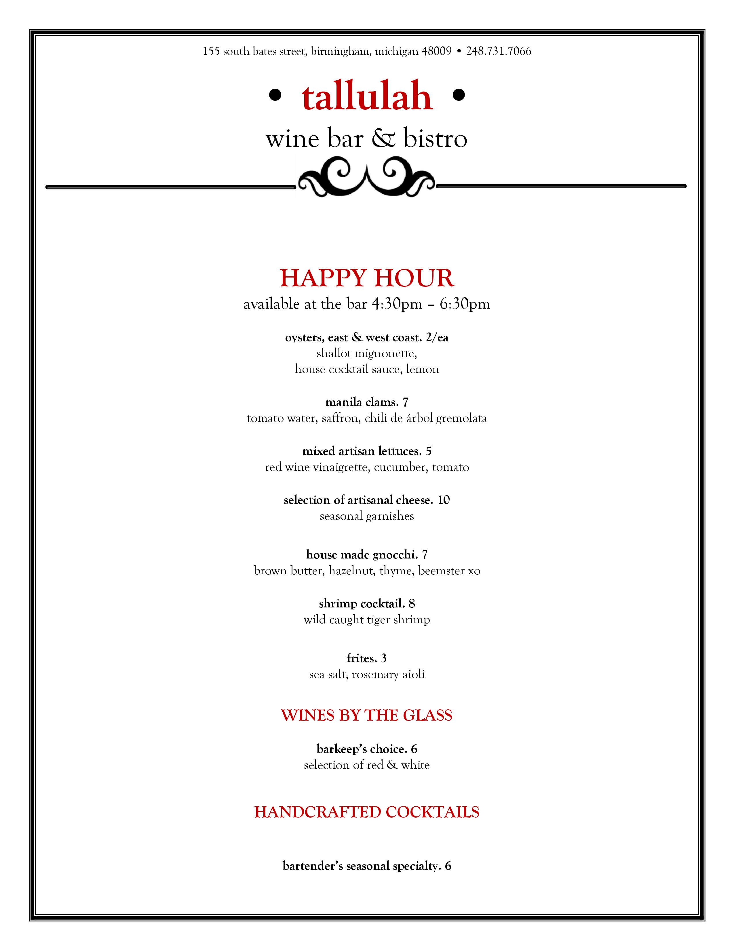 Menu at Tallulah pub & bar, Birmingham