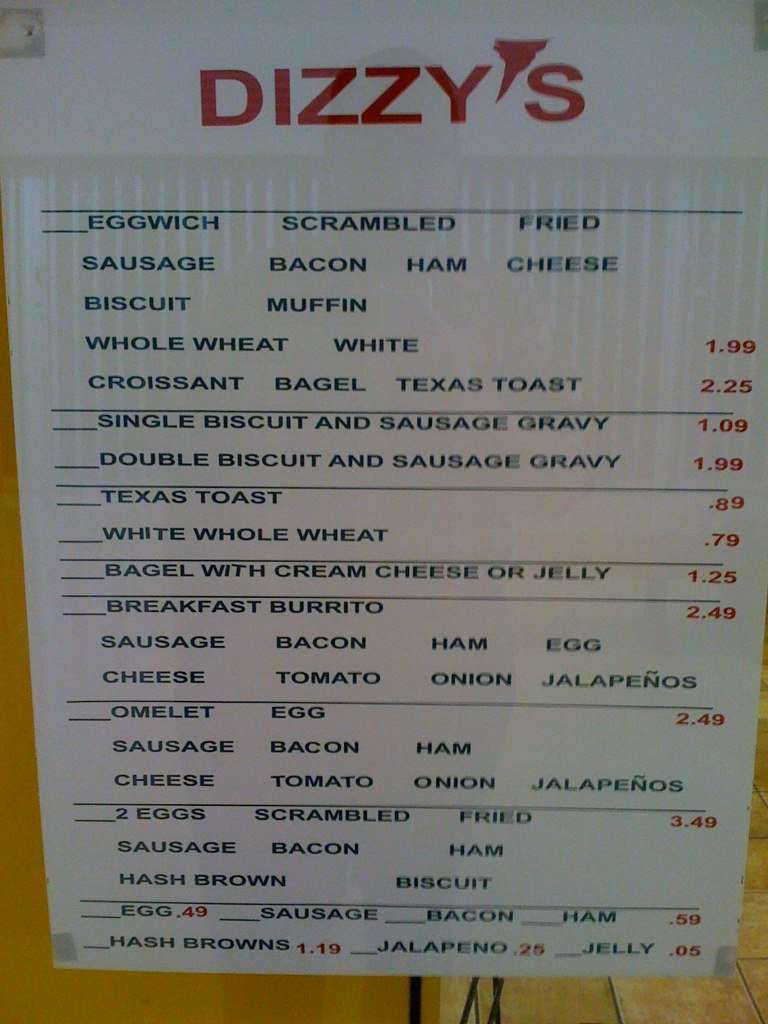 Dizzy's Menu, Menu for Dizzy's, Uptown, Oklahoma City