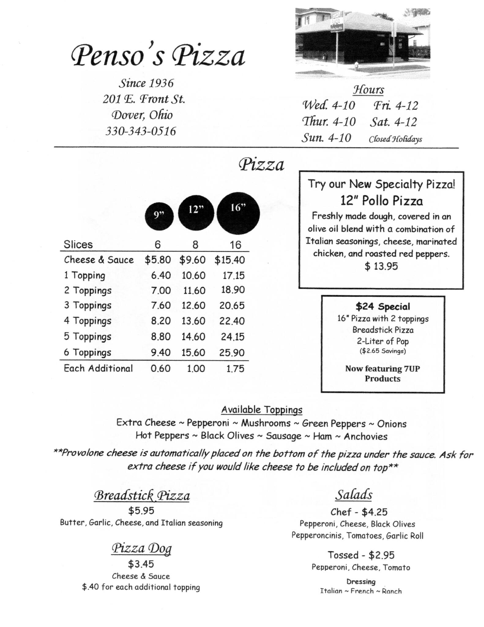 Menu at Penso's Pizza-Dover pizzeria, Dover