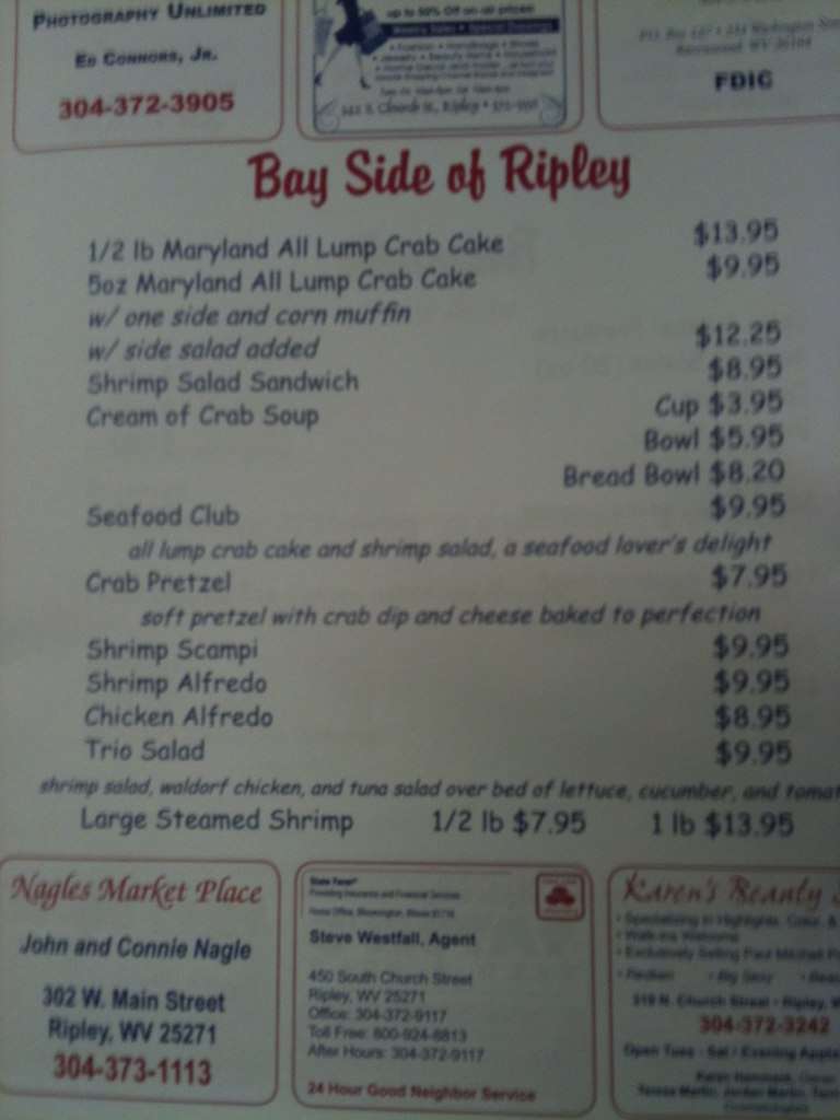Menu at Crabby Patti's restaurant, Ripley