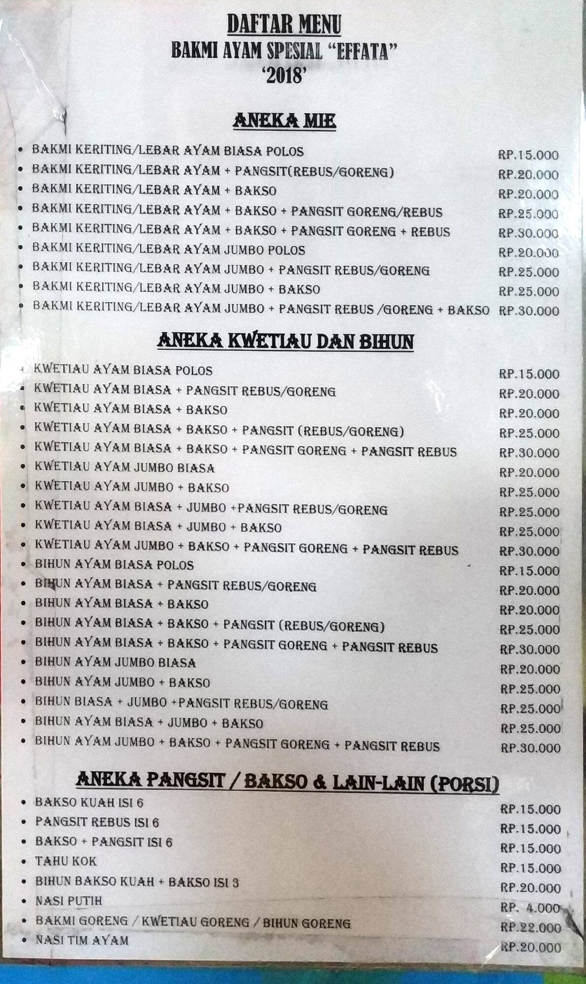 Menu at Bakmi Effata restaurant, Jakarta