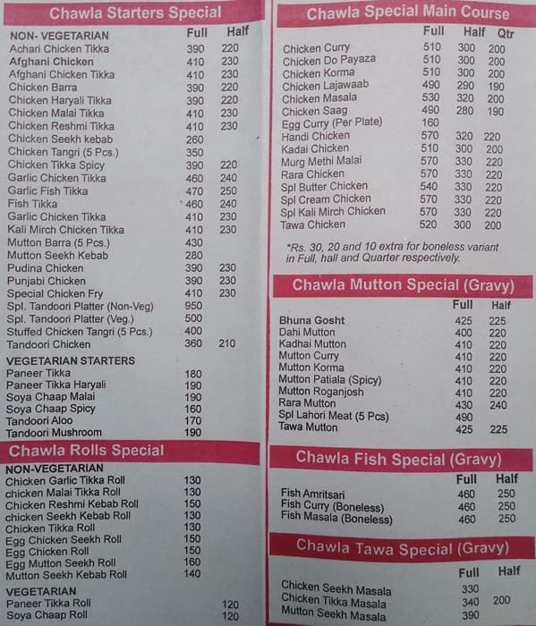 Menu of Chawla Chicken, Kalkaji, New Delhi