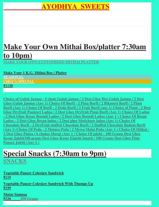 Menu of Ayodhya Sweets, Model Town 3, New Delhi