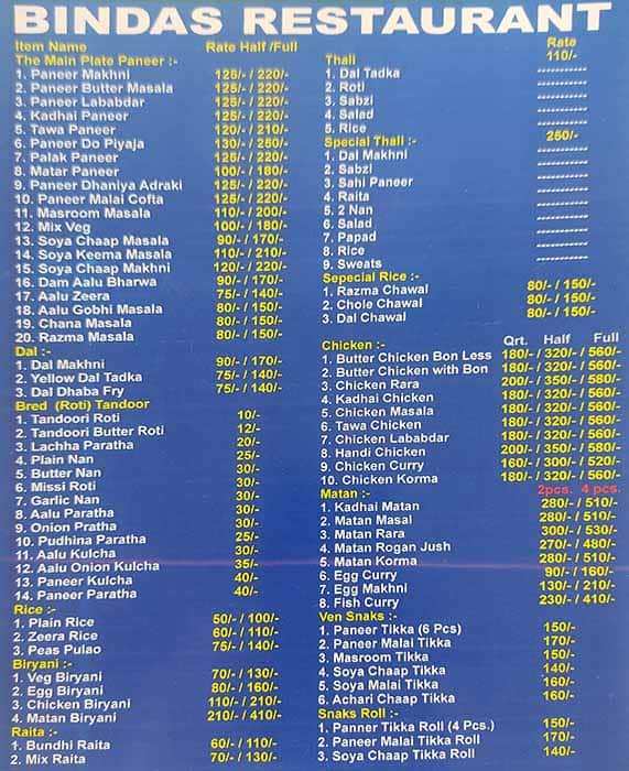 Menu of Bindas Restaurant, Ballabhgarh, Faridabad
