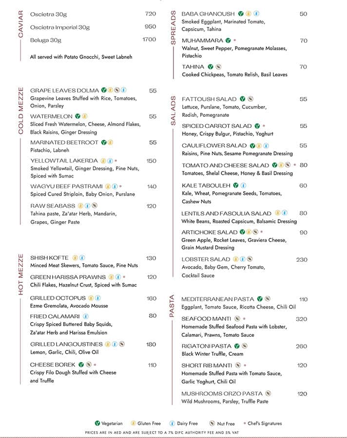 Menu of Alaya, DIFC, Dubai