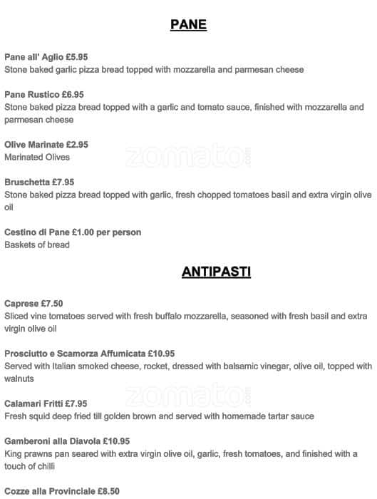Menu at Zero Sette restaurant, London, 2 Western Gateway
