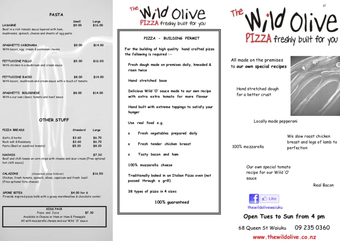 Menu at The Wild Olive pizzeria, Auckland