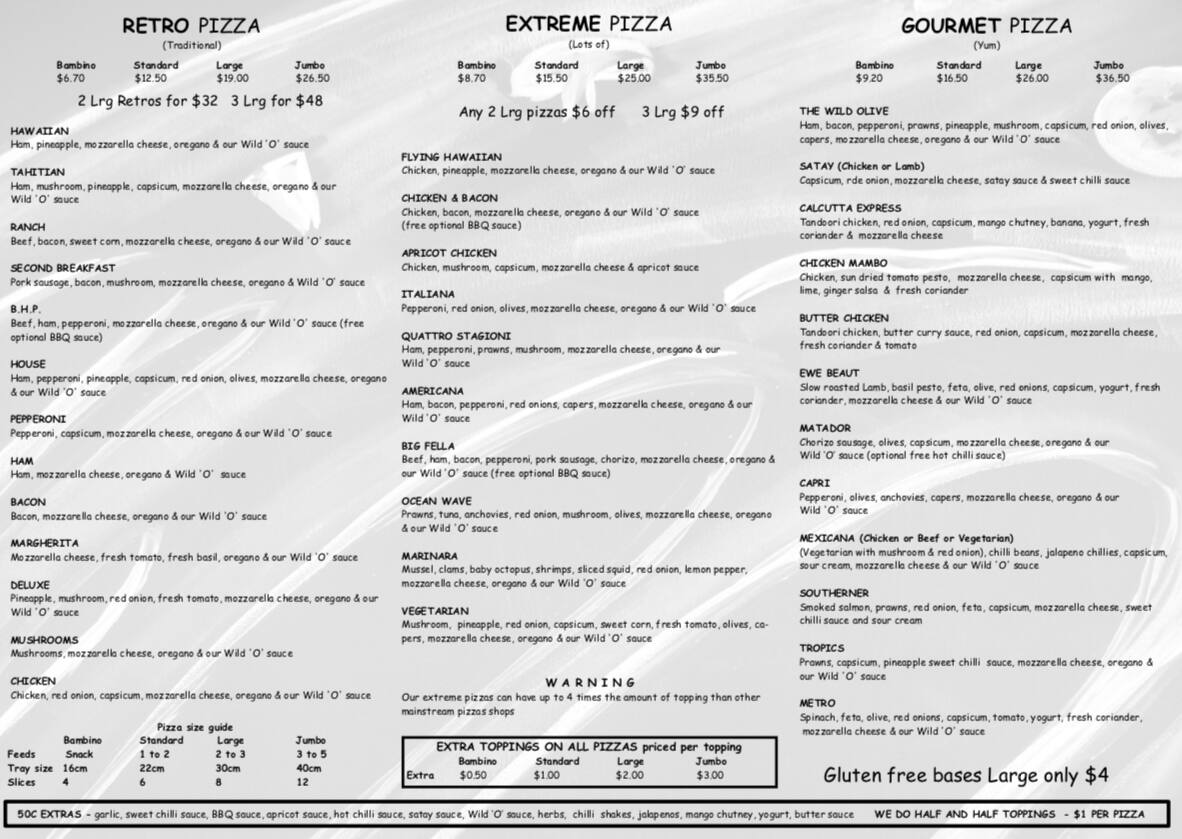 Menu at The Wild Olive pizzeria, Auckland
