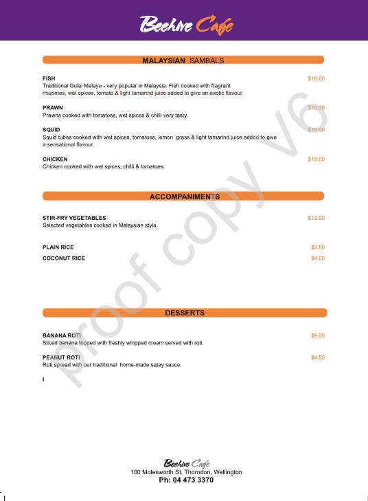 Menu at Beehive Cafe, Wellington