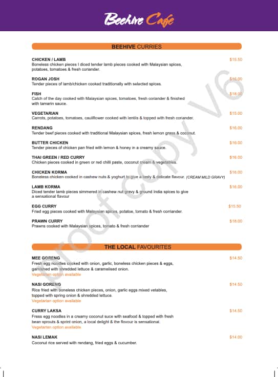 Menu at Beehive Cafe, Wellington