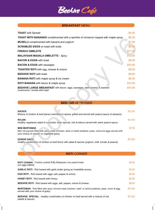 Menu at Beehive Cafe, Wellington