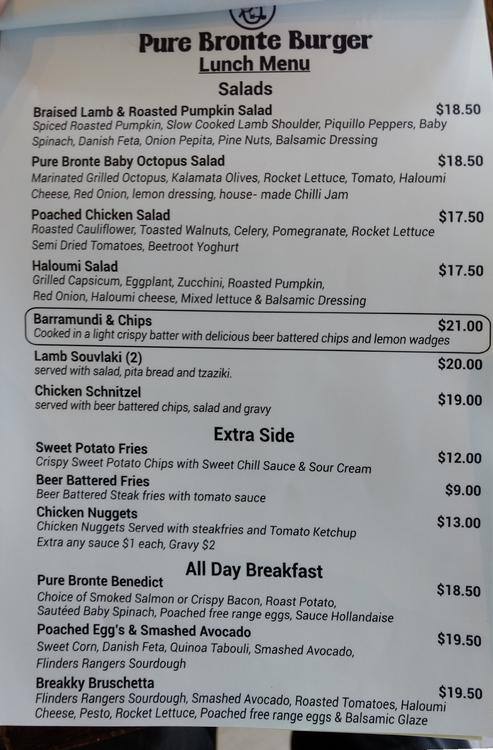 Menu at Pure Bronte cafe, Bronte
