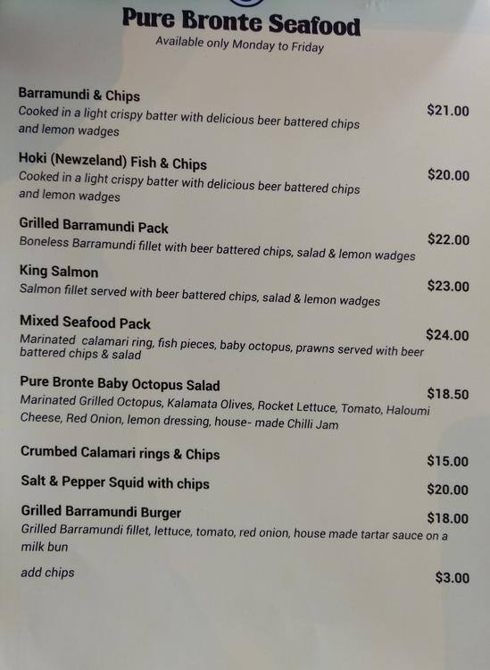 Menu at Pure Bronte cafe, Bronte