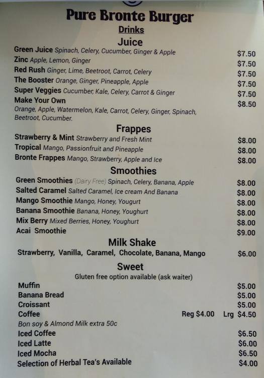 Menu at Pure Bronte cafe, Bronte