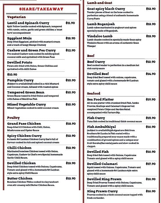 Menu at Chef Lanka restaurant, Westmeadows