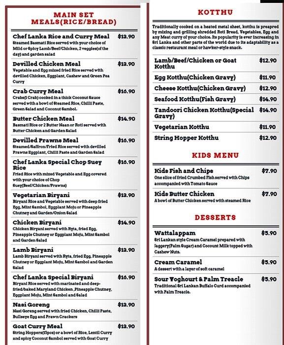Menu at Chef Lanka restaurant, Westmeadows