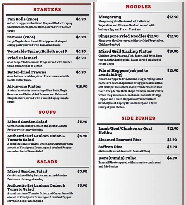 Menu at Chef Lanka restaurant, Westmeadows