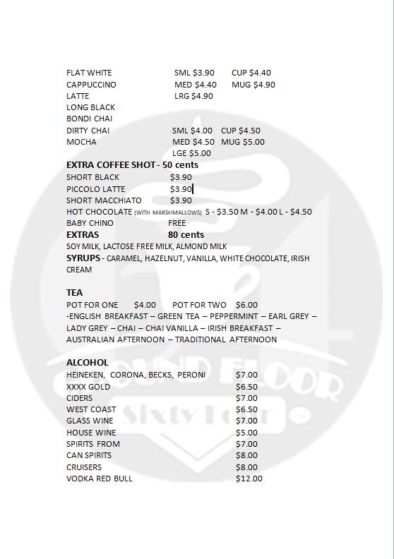 Menu at Ground Floor 64 pub & bar, Surfers Paradise