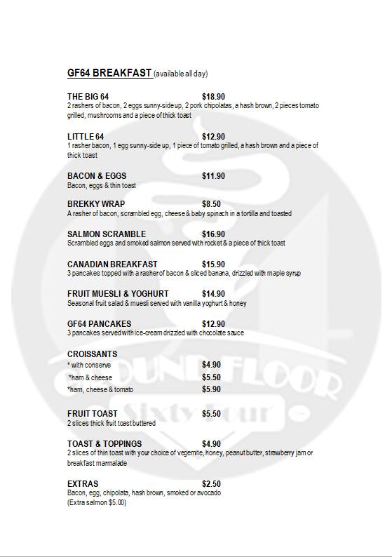 Menu at Ground Floor 64 pub & bar, Surfers Paradise