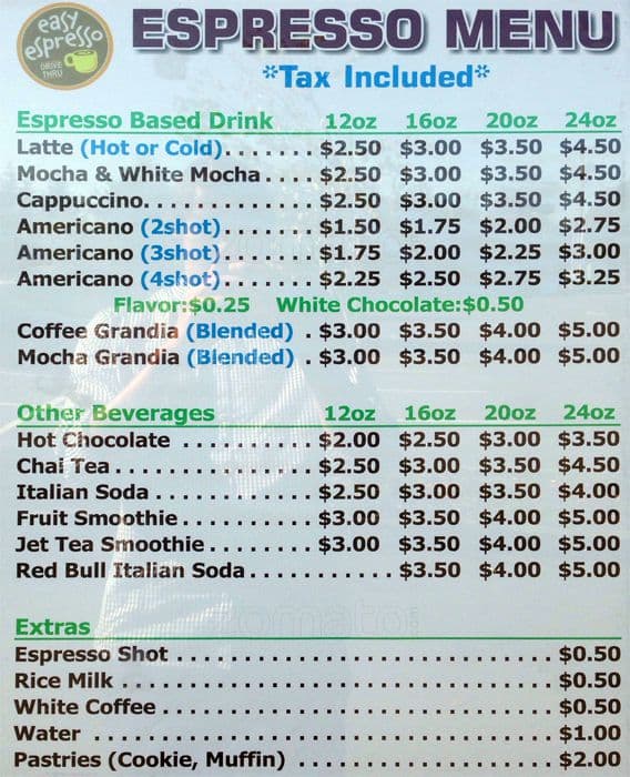Menu at Easy Espresso cafe, Federal Way