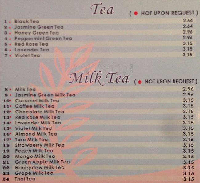 Menu at Dulce Tapioca cafe, Sugar Land