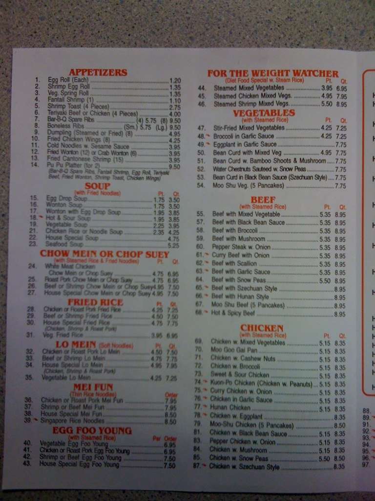 Menu at Lee's Chinese Restaurant, Clemmons