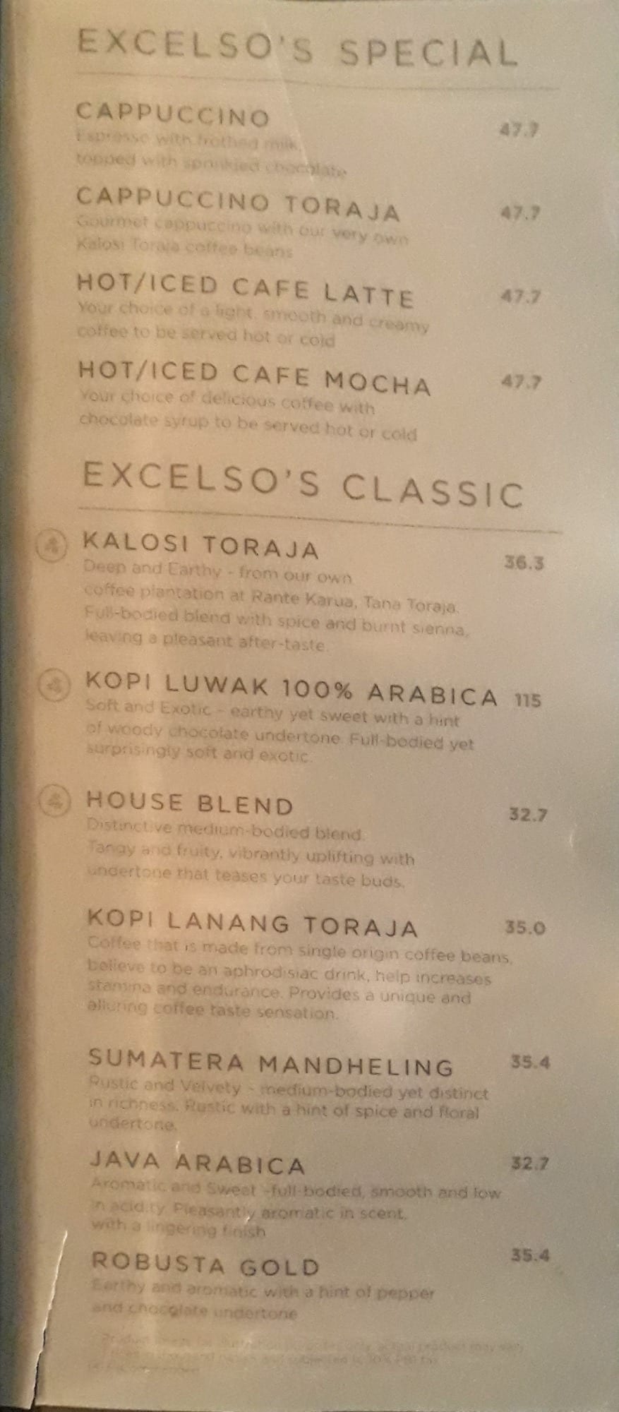 Menu at Excelso cafe, Bandung, Trans Studio Mall, Lantai 1