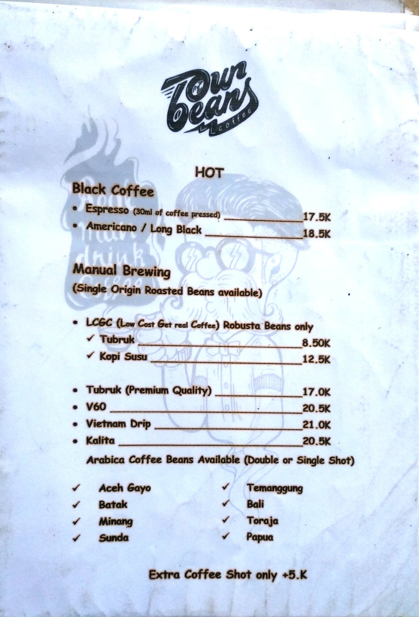 Menu at Tour bean coffee cafe, Depok