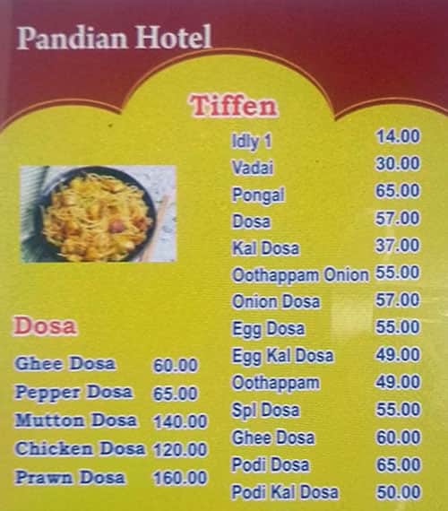 Menu at PANDIAN HOTEL, Chennai, 92A/3