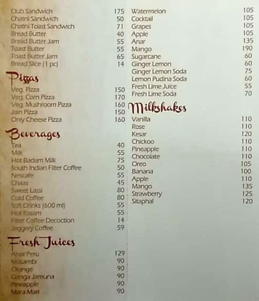 Menu at Arya Bhavan, Mumbai, Eastern Court
