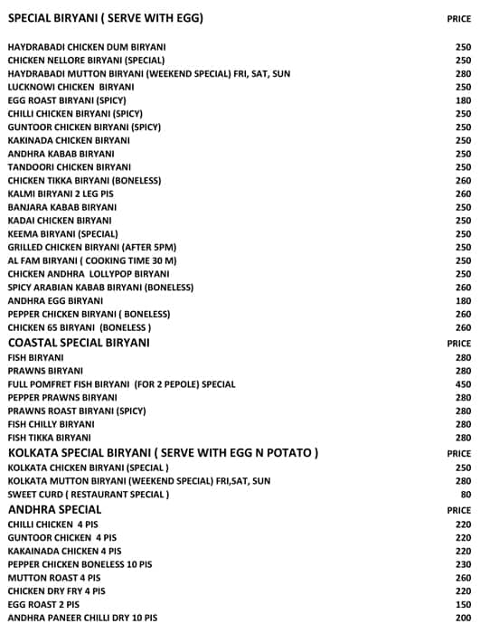 Menu at Spice of Biryani, Bengaluru