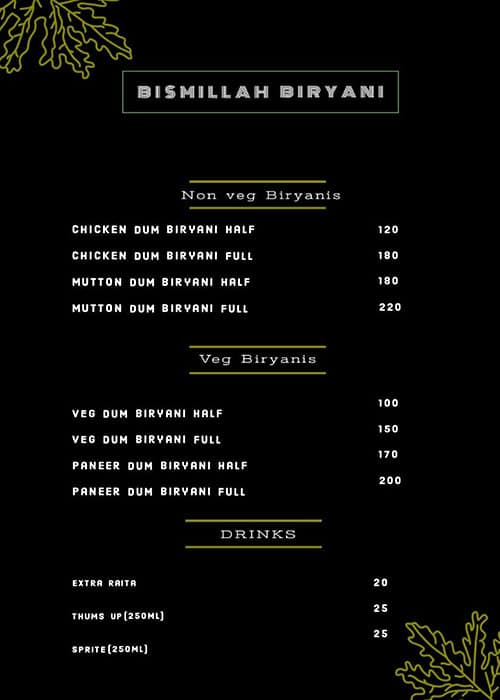 Menu of Bismillah Biryani, Ulwe, Navi Mumbai