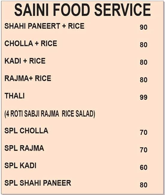 Menu of Saini Food, Gamma 1, Greater Noida