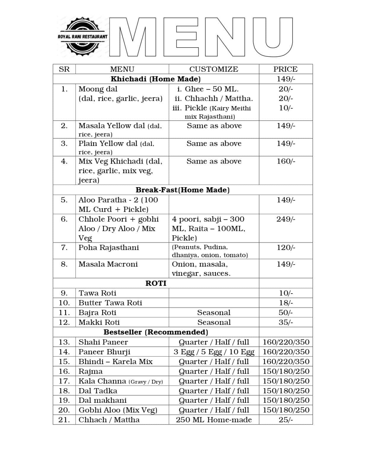 Menu of Royal Rani Restaurant, Ambedkar Road, Ghaziabad