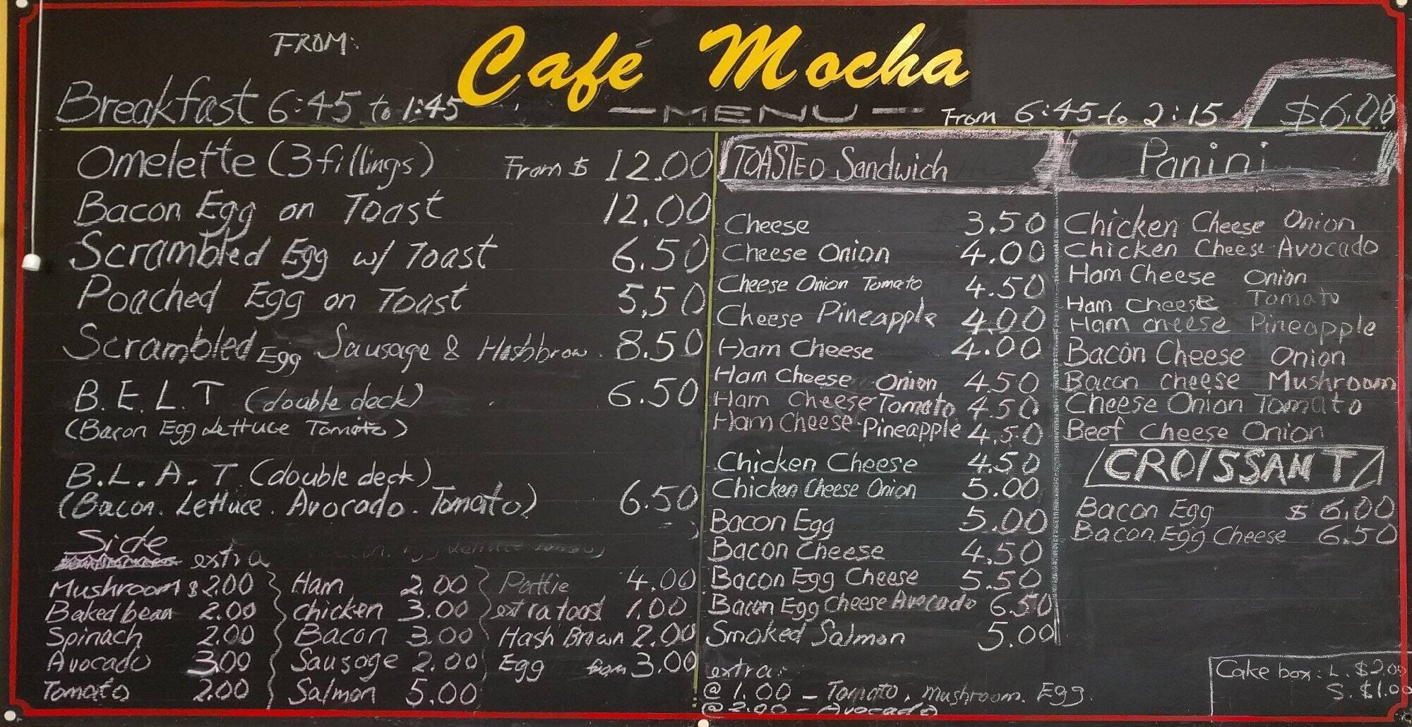 Menu at Cafe Mocha, Auckland