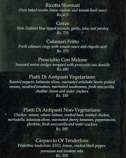 Menu at Earth, Gurugram