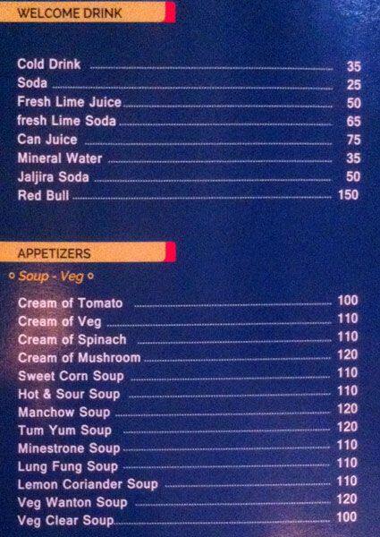 Menu at Olent, Pune, Tukaram Paduka Chowk